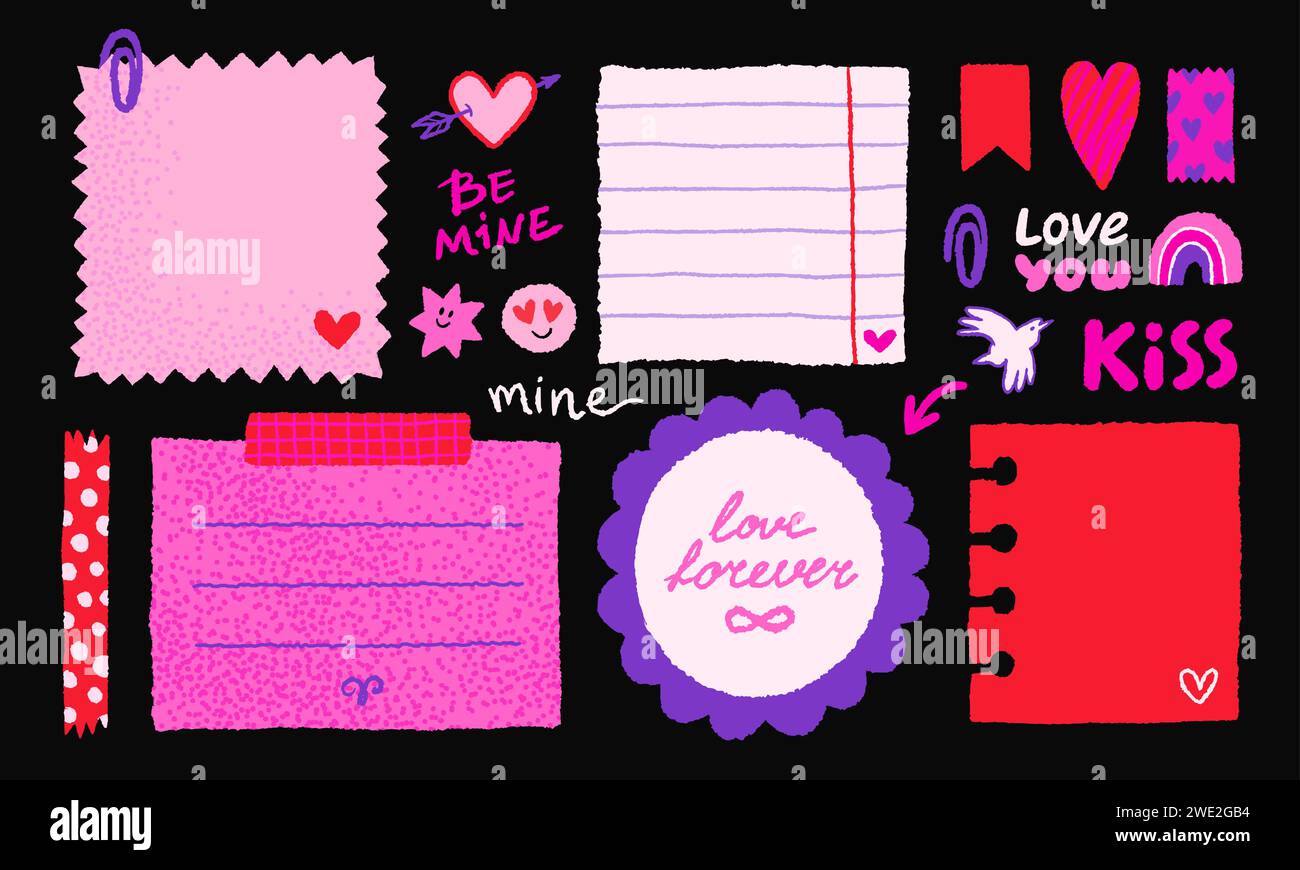 Paper valentine memo notes on stickers. Vector vintage sticky notes and ...