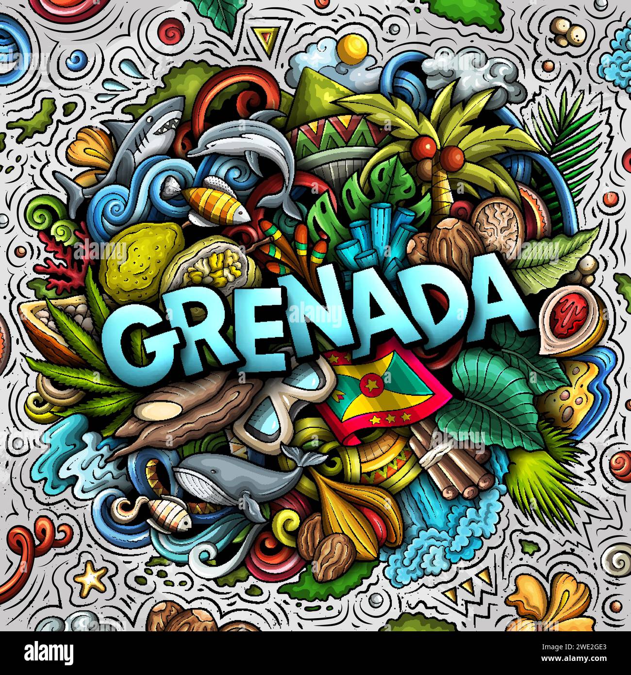 Vector funny doodle illustration with Grenada theme. Vibrant and eye ...