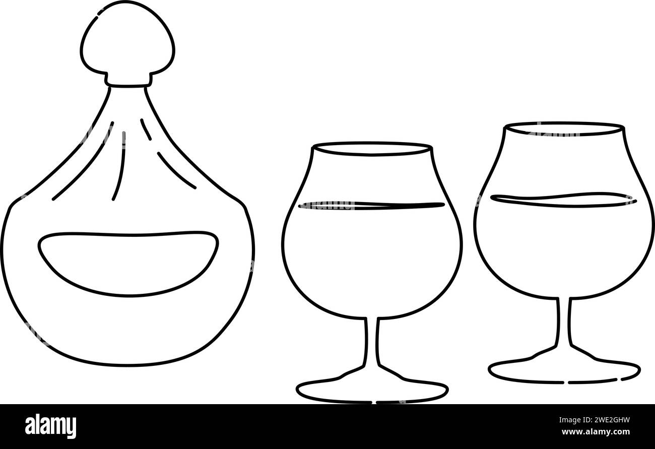 Image of two people drinking brandy, simple line drawing illustration ...