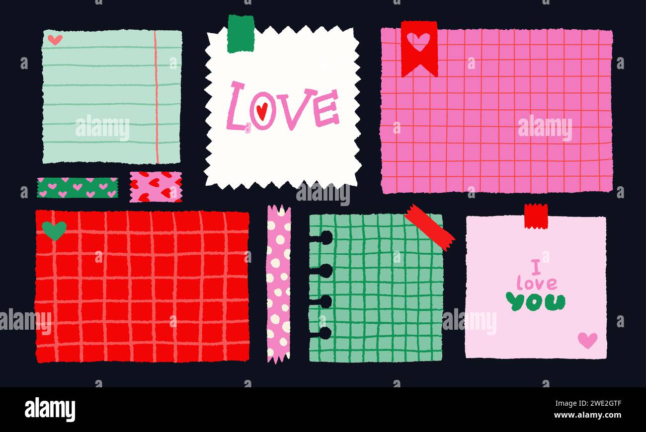 Paper valentine memo notes on stickers. Vector vintage sticky notes and ...