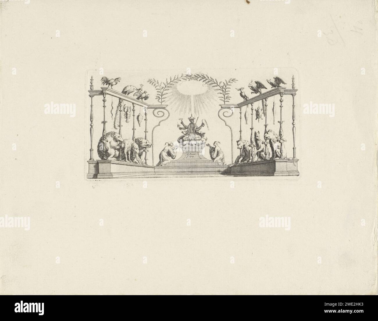 Vignette with two men who worship an image, Bernard Picart, 1683 - 1733 ...