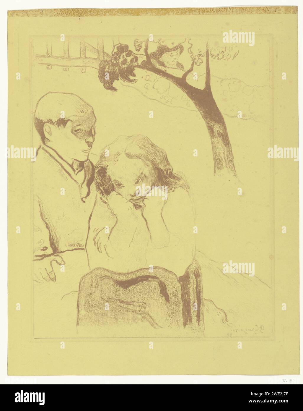 Sad woman sits with a man, Paul Gauguin, 1889 print paper Stock Photo ...