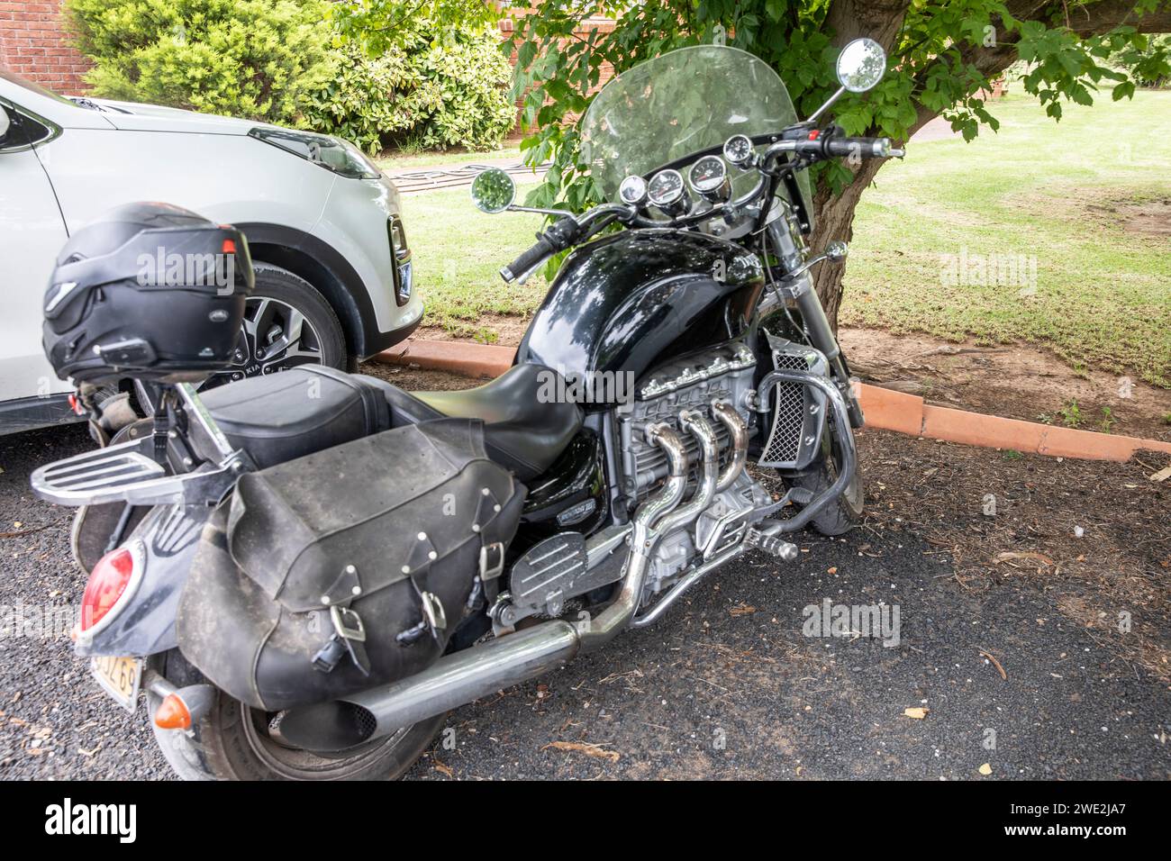Triumph Rocket 3 motorbike fitted with panniers parked at a vineyard in ...