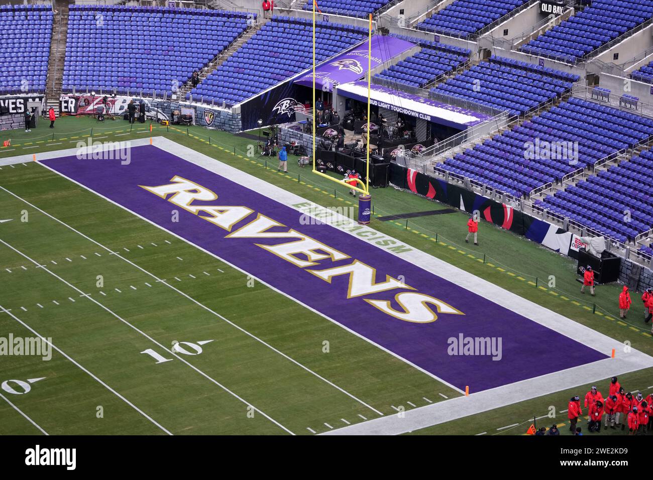BALTIMORE, MARYLAND, JAN 20: The Baltimore Ravens logo and words "End ...