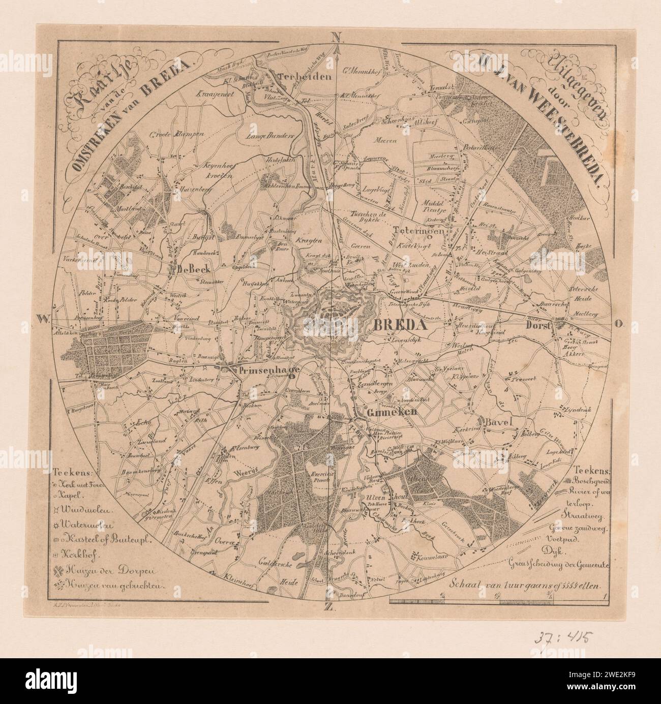 Map of Breda and surroundings, Anonymous, 1839 - 1853 print Breda paper ...
