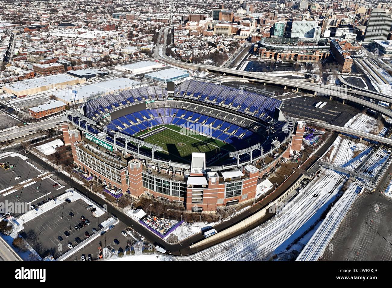 BALTIMORE, MARYLAND, JAN 21: A general overall aerial view of M&T Bank Stadium (bottom) and ...