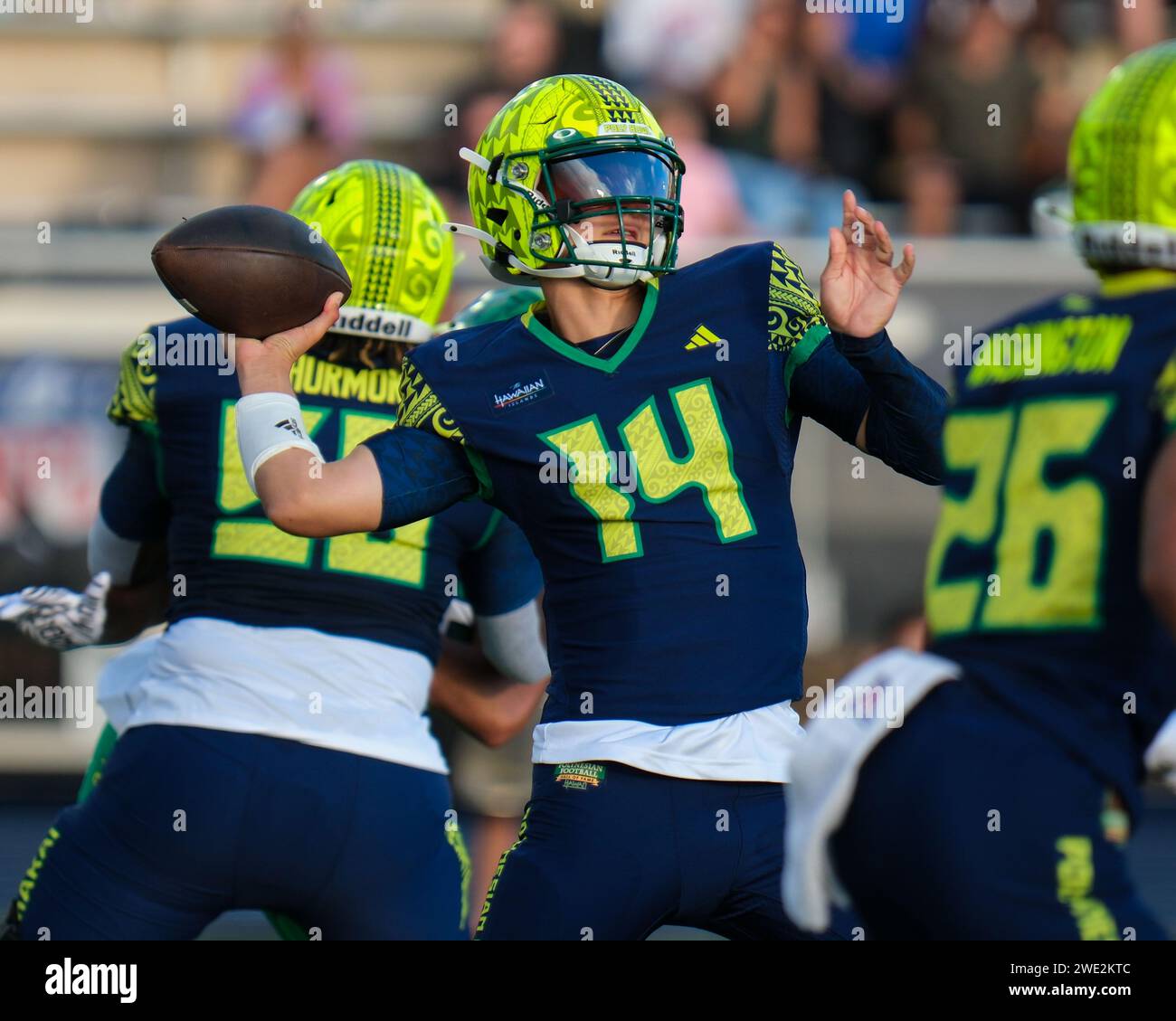 Honolulu, Hawaii, USA. 19th Jan, 2024. Team Makai quarterback Ty McCutcheon #14, a Utah Tech ...