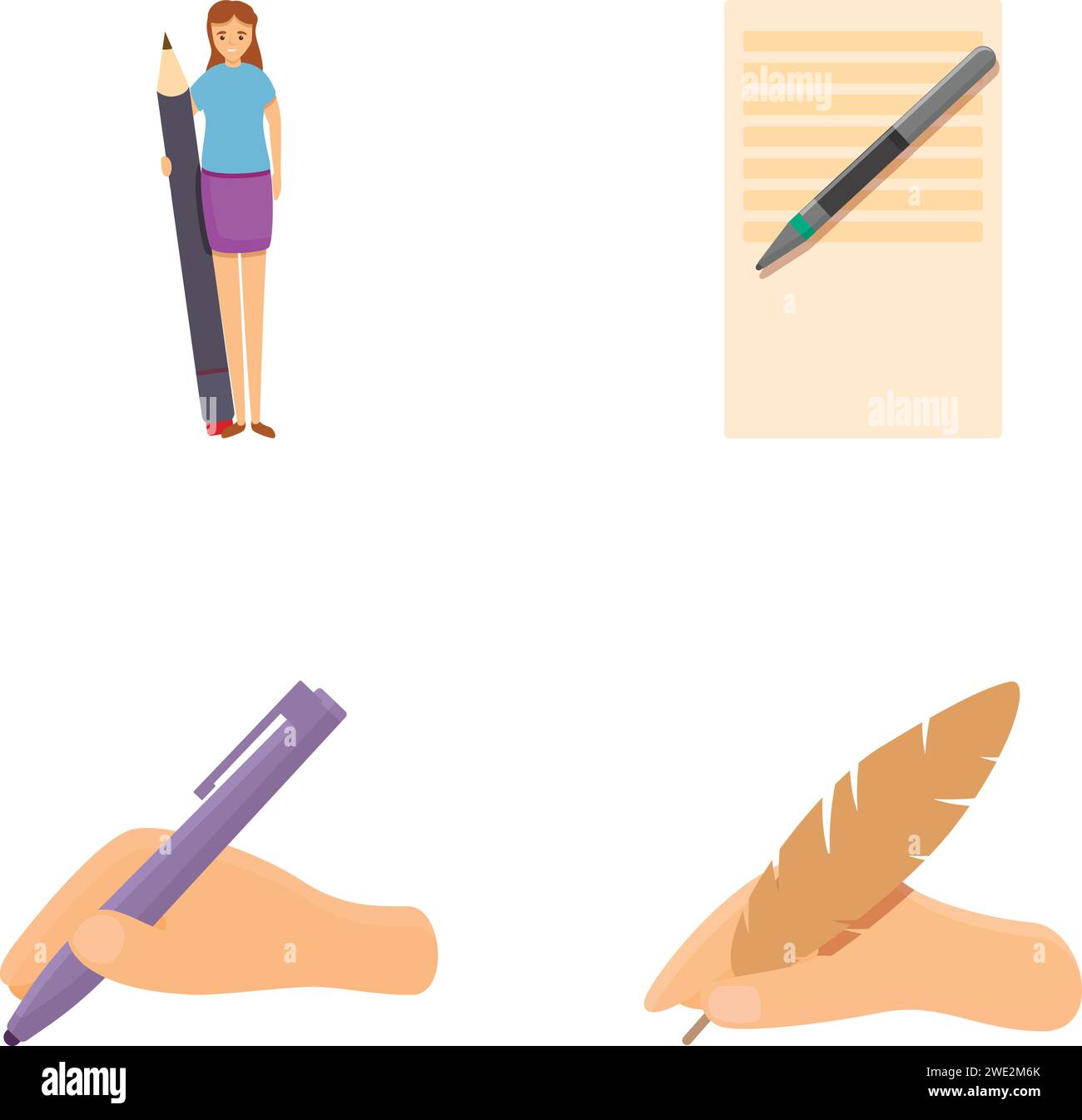 Writer icons set cartoon vector. Woman writing on paper sheet. Literary ...