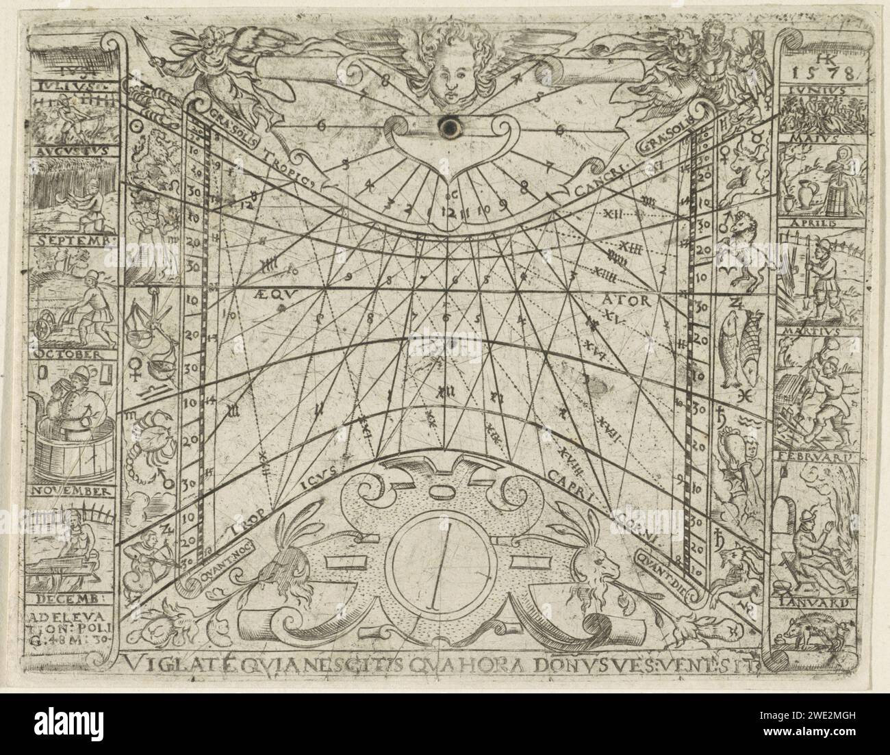 Sundial, monogrammist HK (engraver), 1578 print Sundial and calendar ...