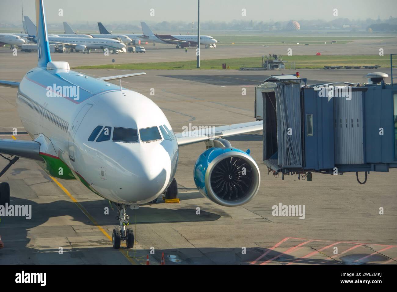 View of the nose and cockpit black windshield of the aircraft and the ...