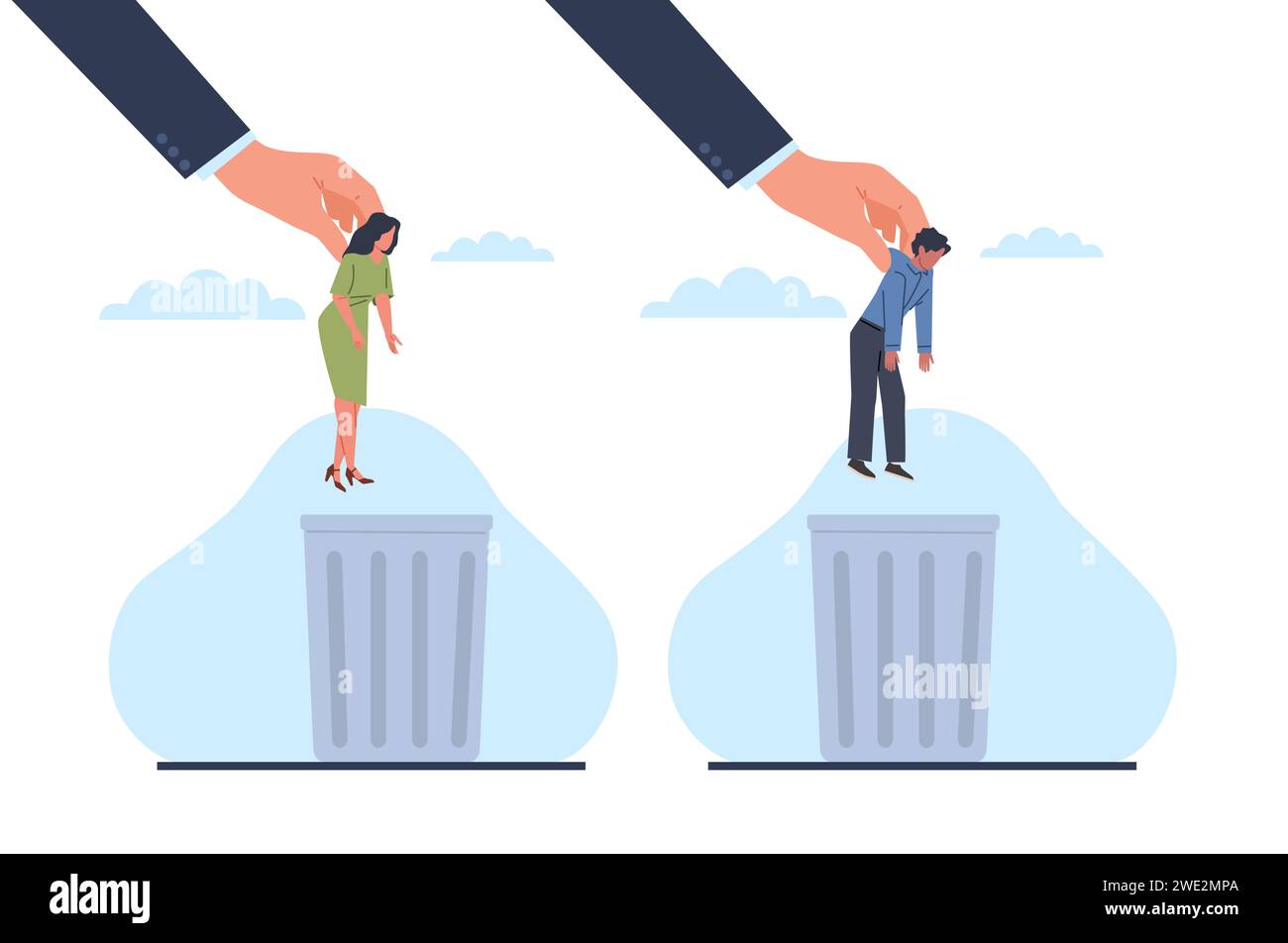 Businessman big hand throws woman and man in garbage. Fired people ...