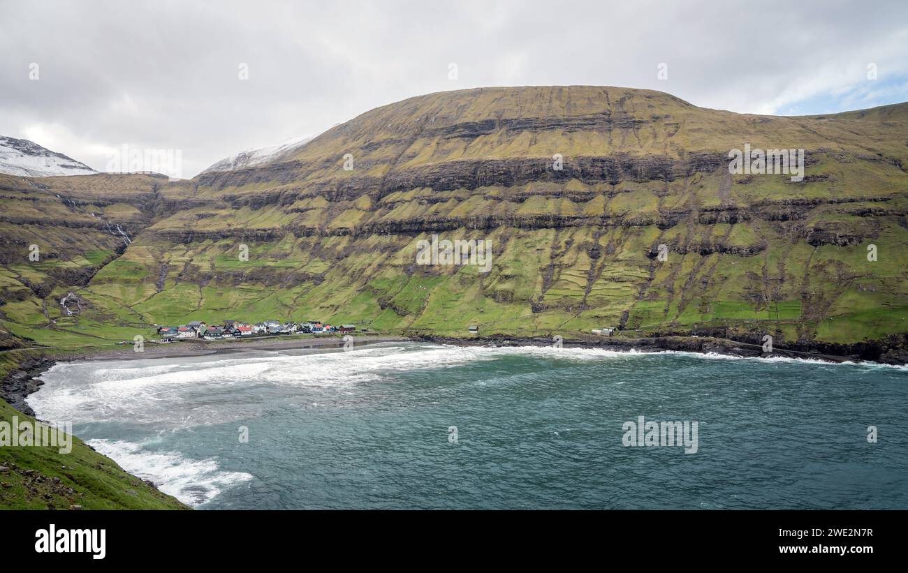 Village of Tjornuvik on Streymoy and dramatic mountain landscape on the ...