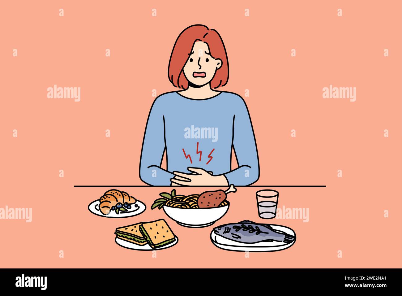 Girl suffers from stomach pain due to digestive problems, sits at ...