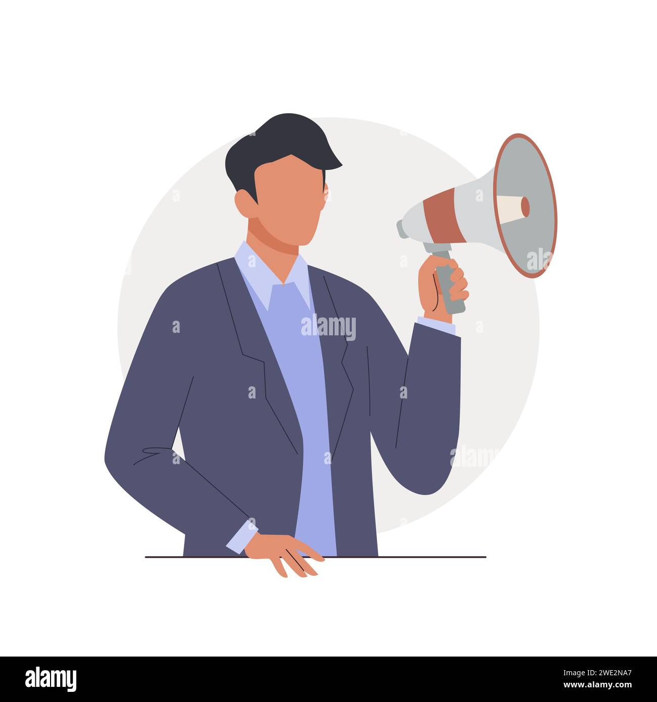 Man holding megaphone. Concept of announcing, promotion, advertisement ...