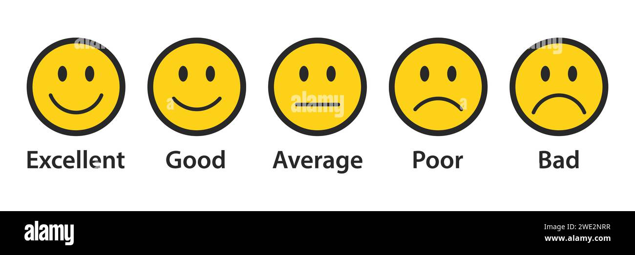 Rating emojis set in yellow color with black outline. Feedback ...