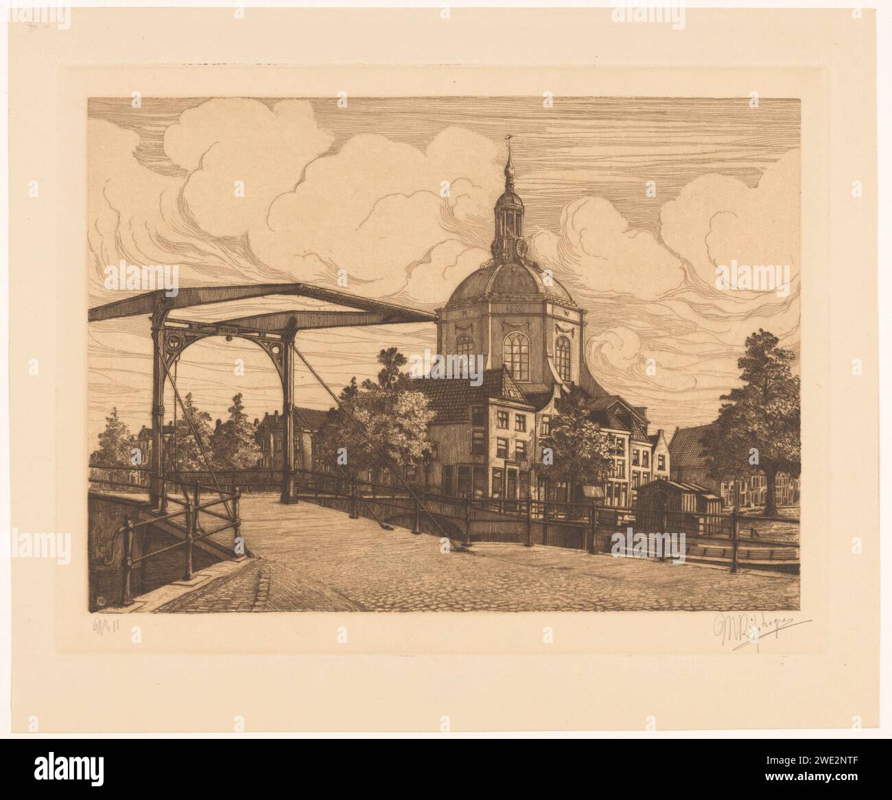 Cityscape with drawbridge and Marekerk in Leiden, M. Riphagen, in Or ...
