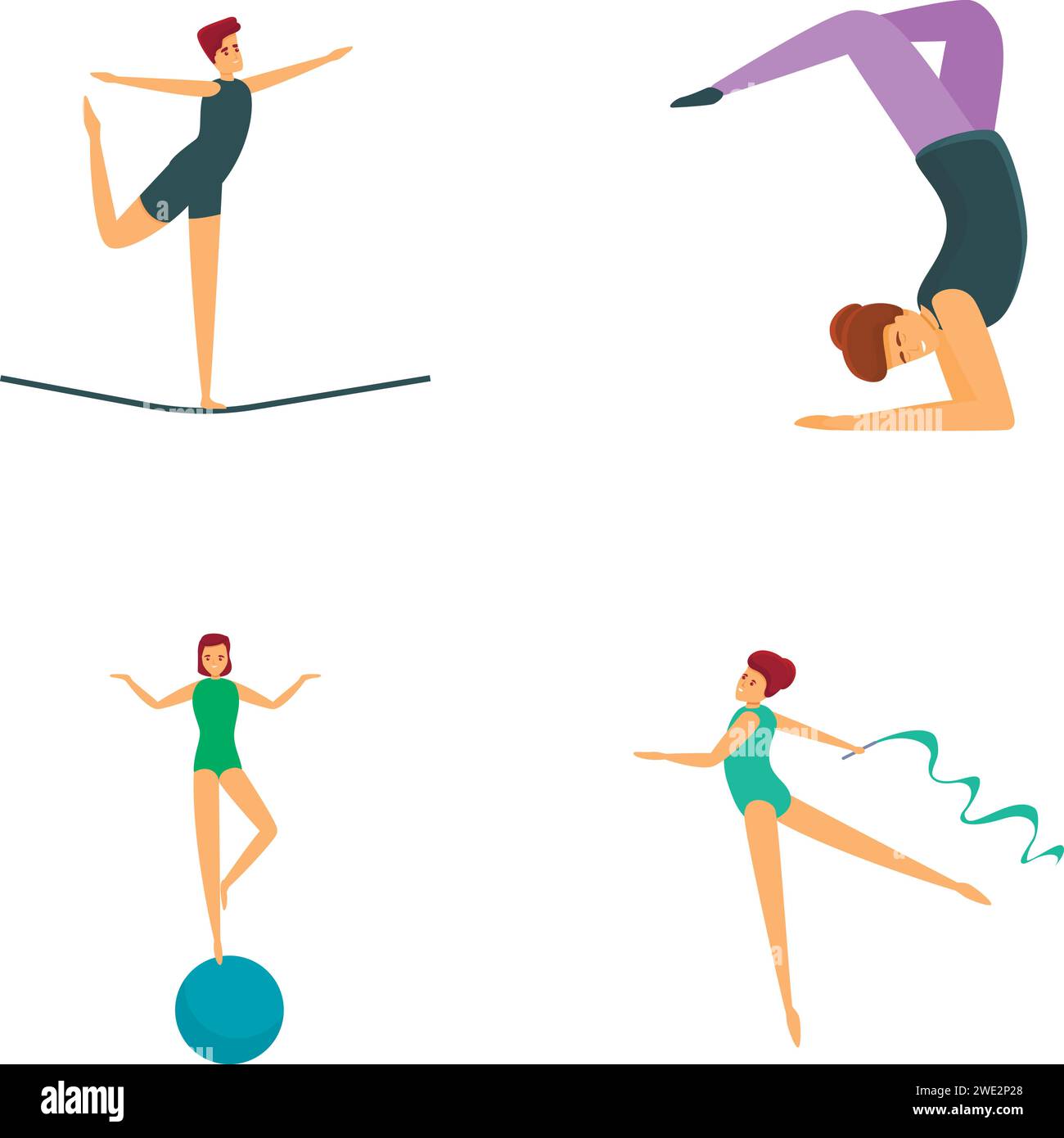 Rhythmic gymnastics icons set cartoon vector. Girl doing rhythmic ...