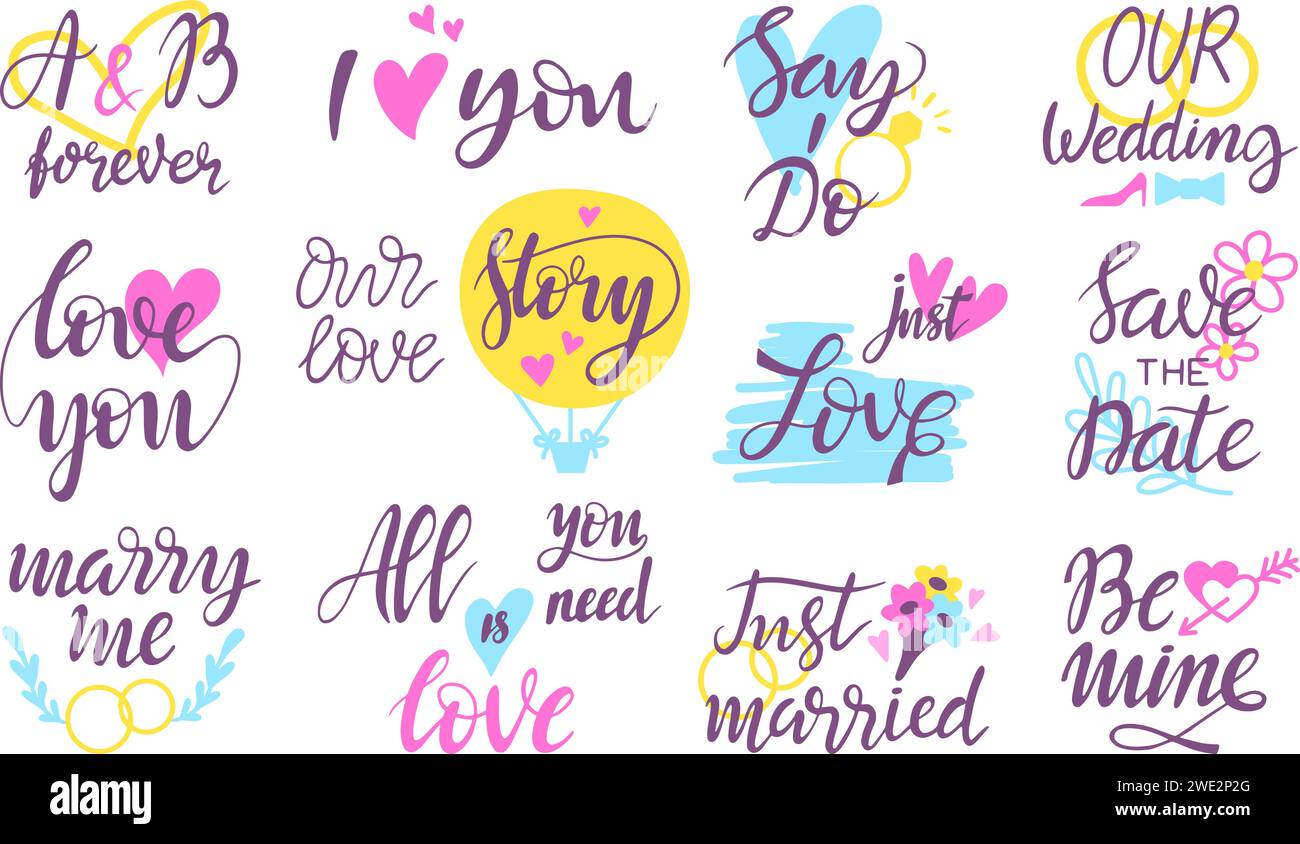 Romantic lettering elements. Wedding, valentines day calligraphy prints ...