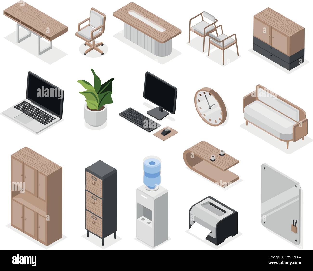 Isometric office elements. Cabinet furniture and work equipments ...