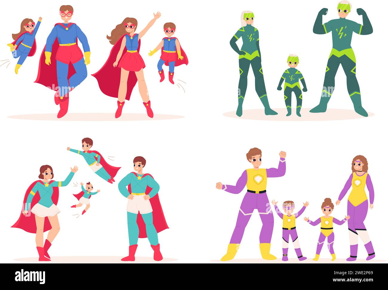 Cartoon superhero parents and children. Families superheroes in masks ...