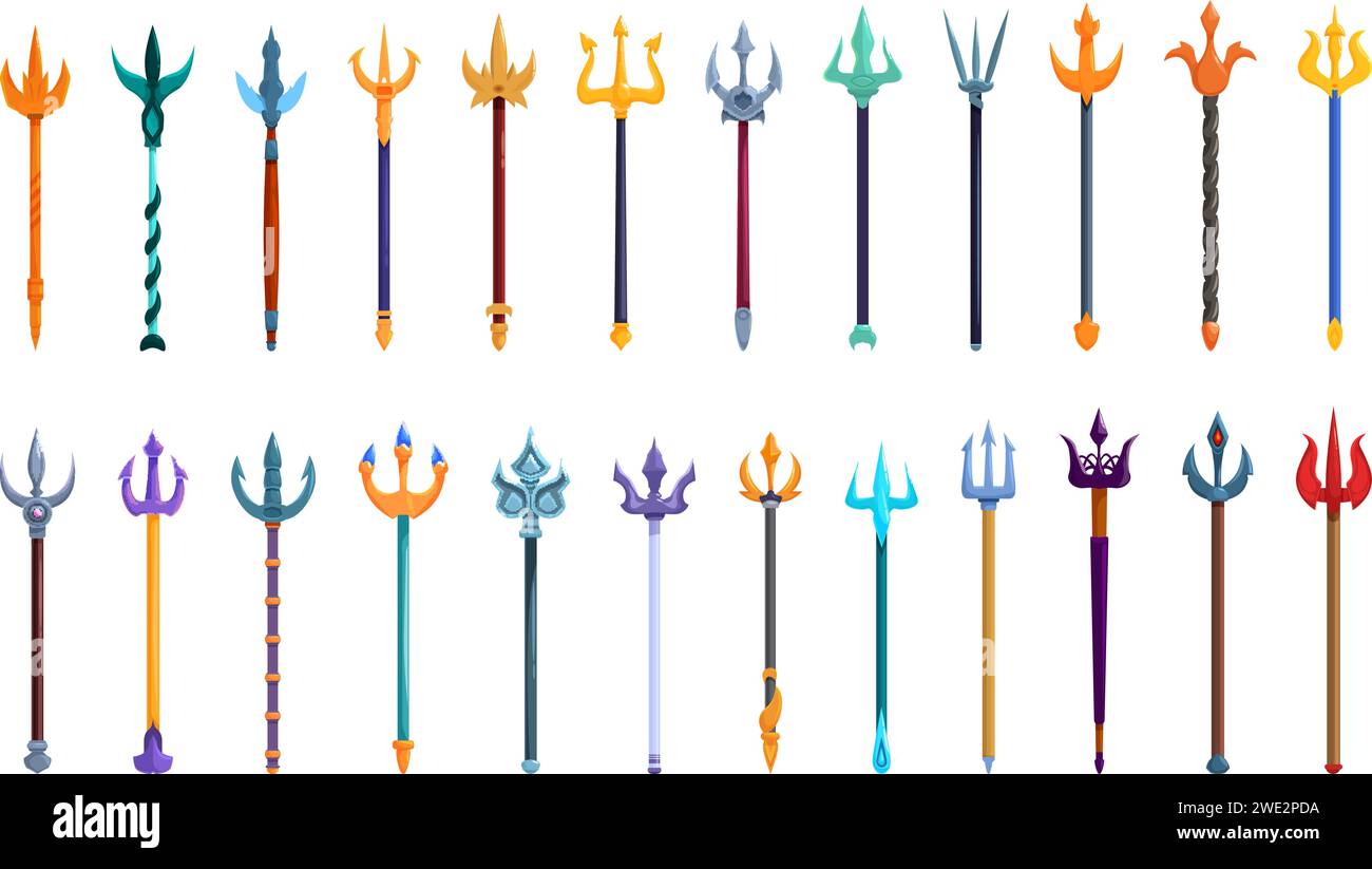 Trident staffs icons set cartoon vector. Greek mythology. Golden weapon Stock Vector Image & Art ...
