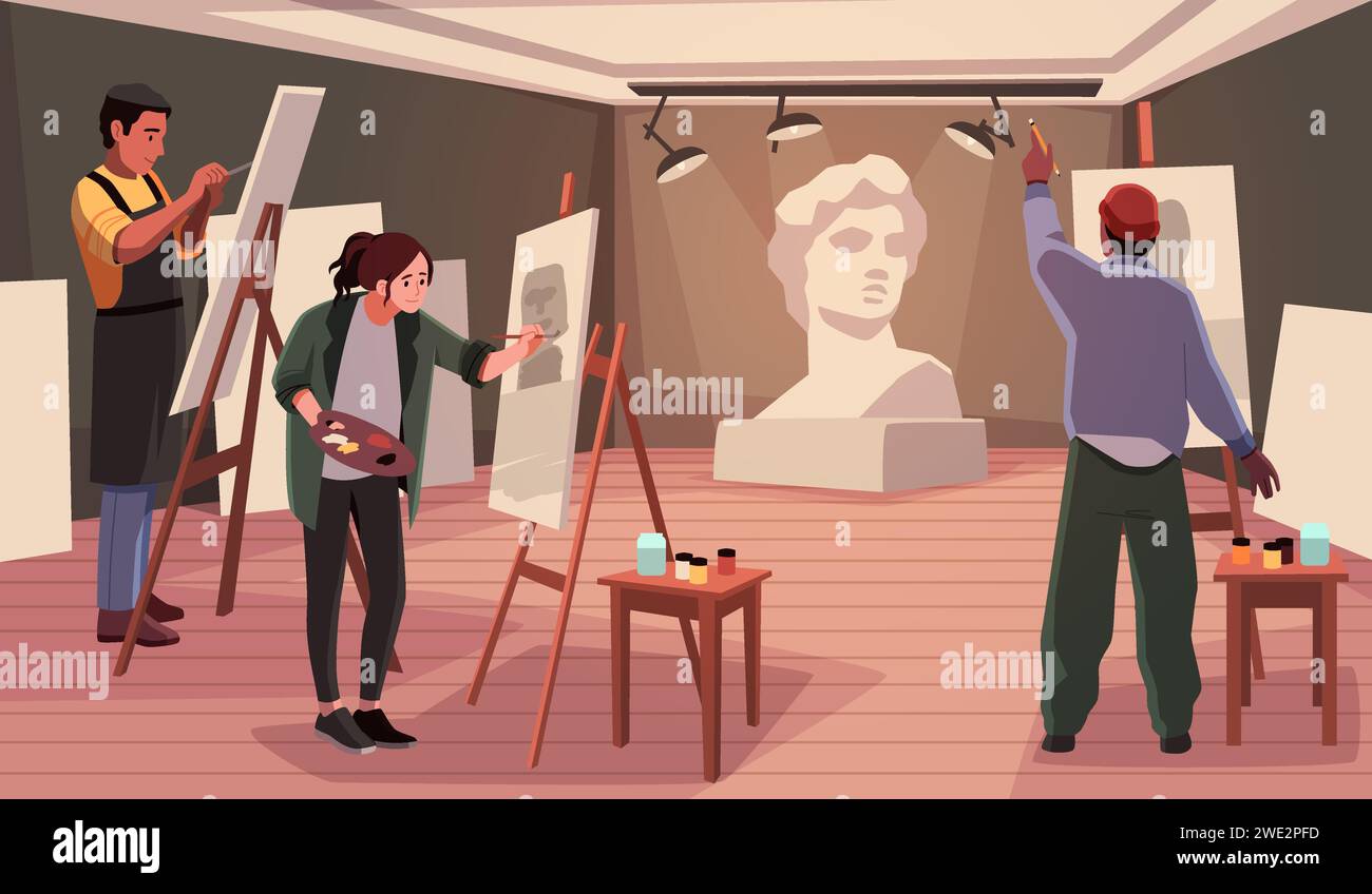 Artists in workshop. Painting lesson, students at easels in classroom ...