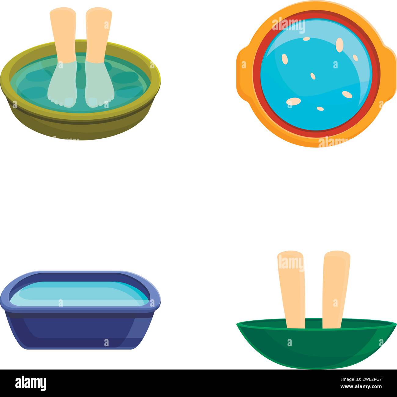 Foot bath icons set cartoon vector. Female feet soaking in bowl with ...