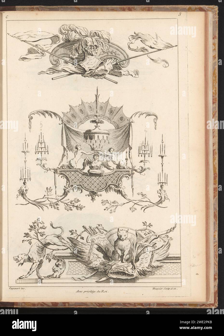 Three designs for ornaments, c. 1740 print At the bottom a fox with ...