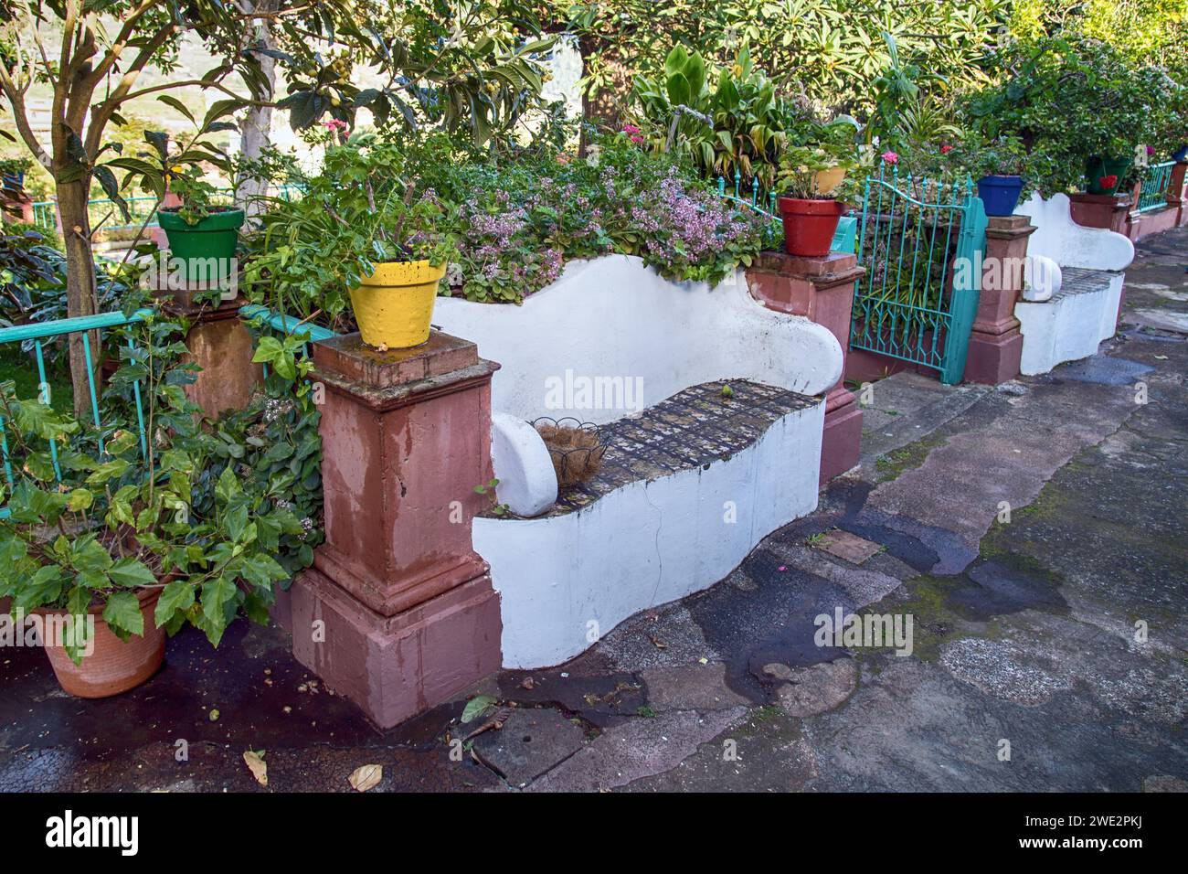 a colorful bench made out of stone in a garden (La Palma, Canaries ...
