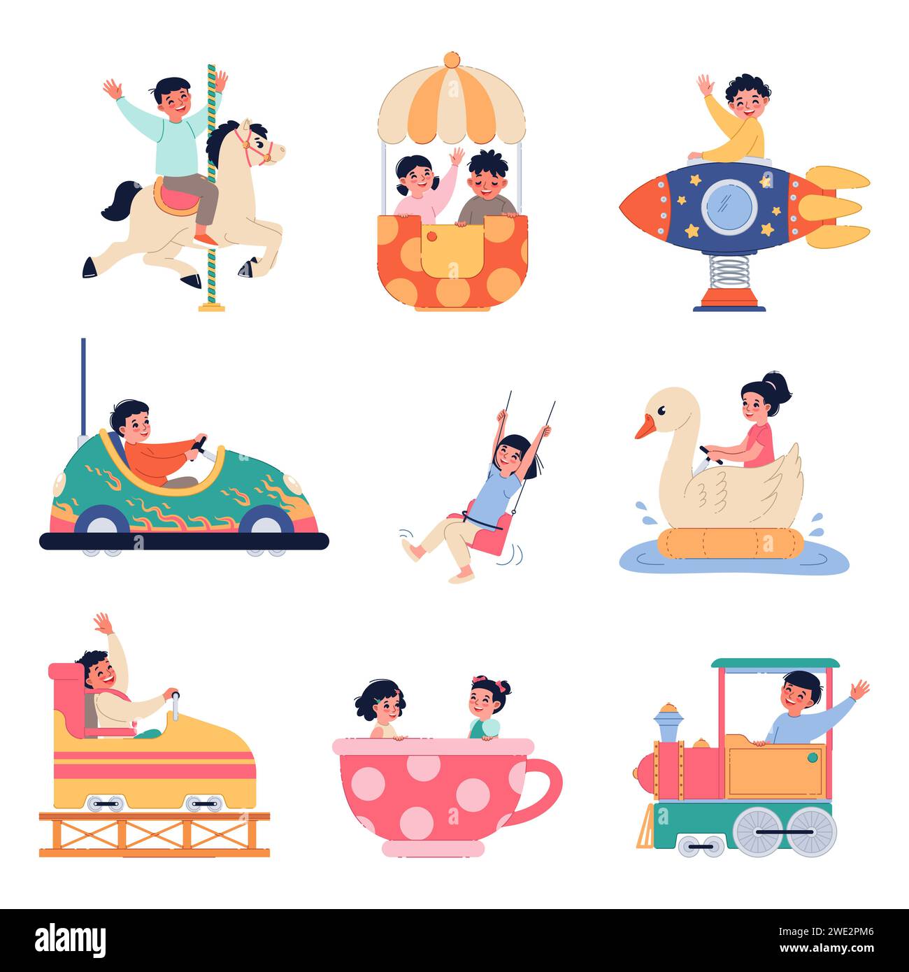 Kids in amusement park. Children riding on different carousels. Girl ...