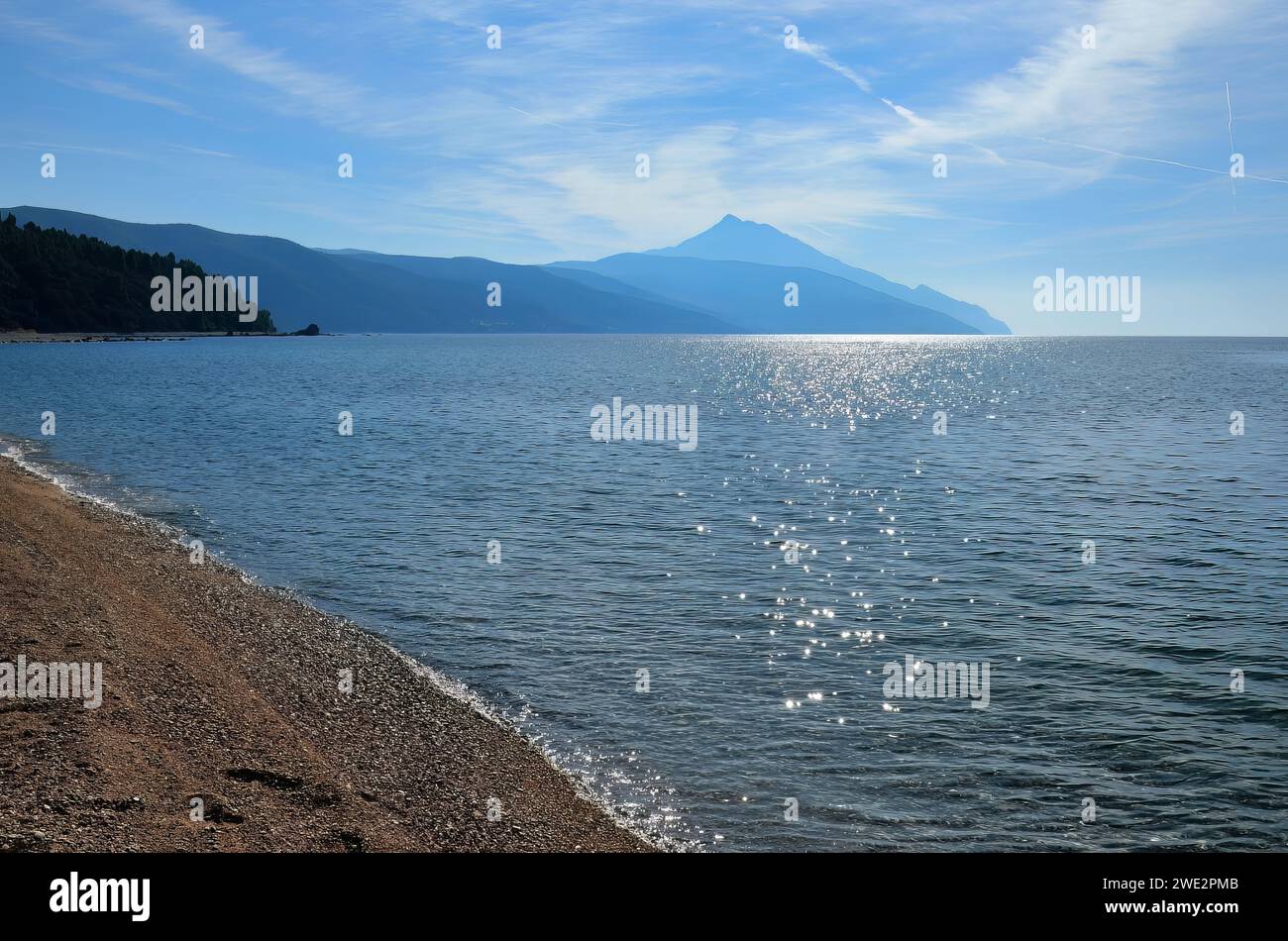 A scenic view of Mount Athos shoreline in Greece Stock Photo - Alamy