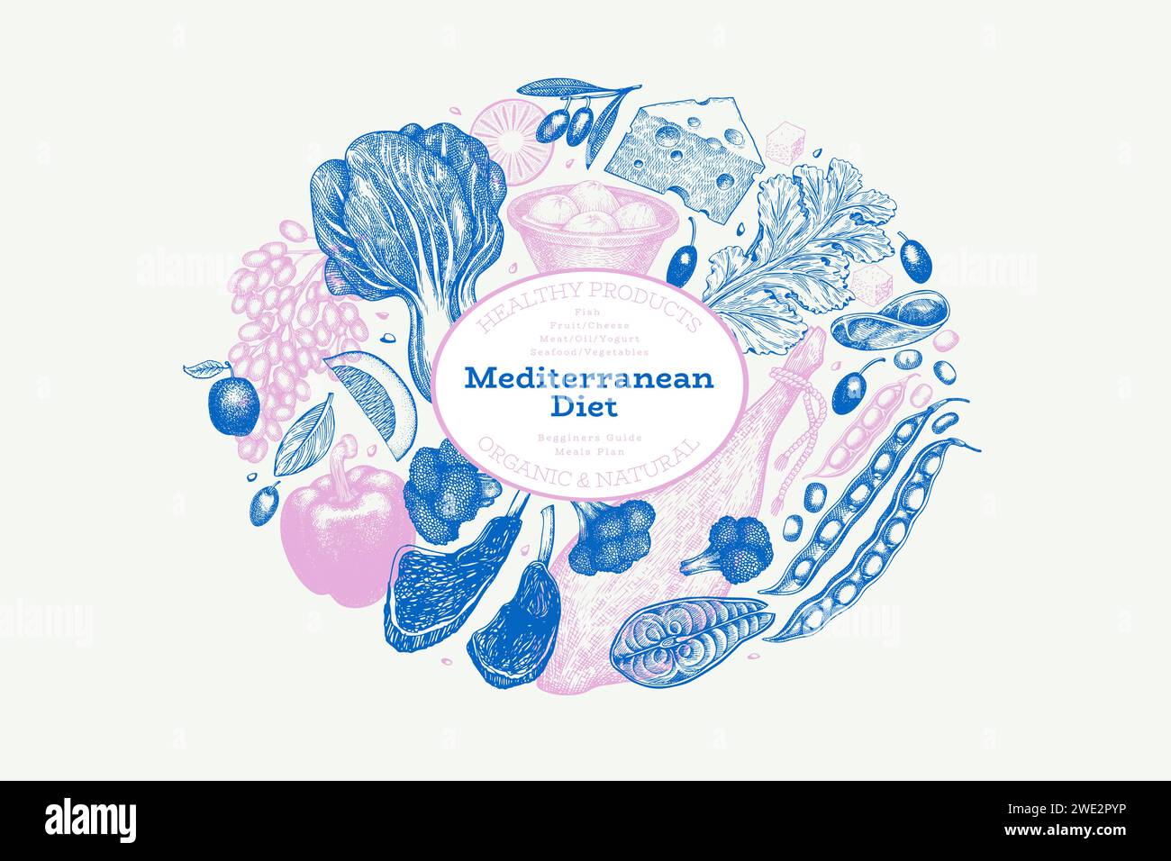 Mediterranean Cuisine Design Template. Vector Hand Drawn Healthy Food ...