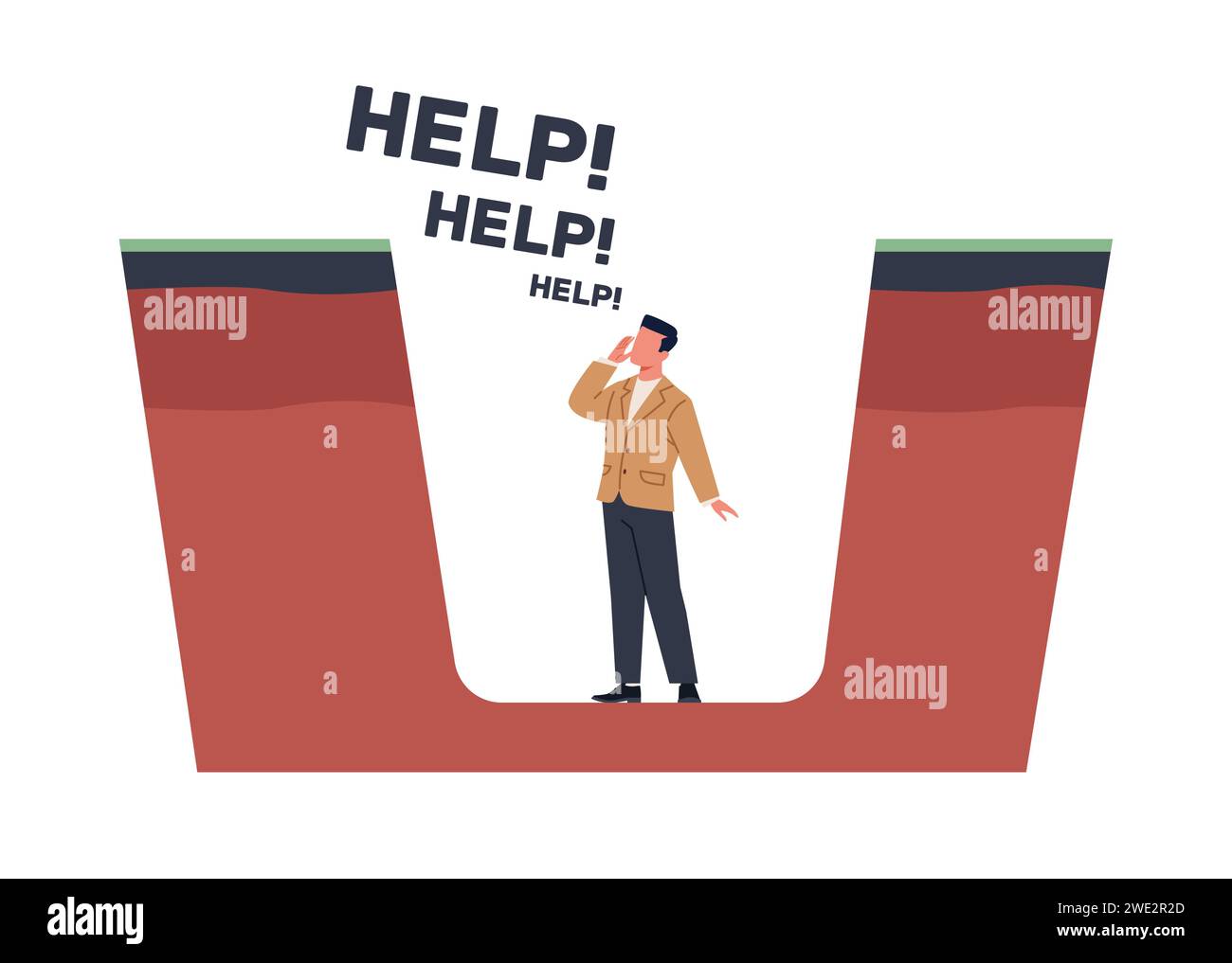 Difficult situation. Businessman falling into hole. Man shouting for ...