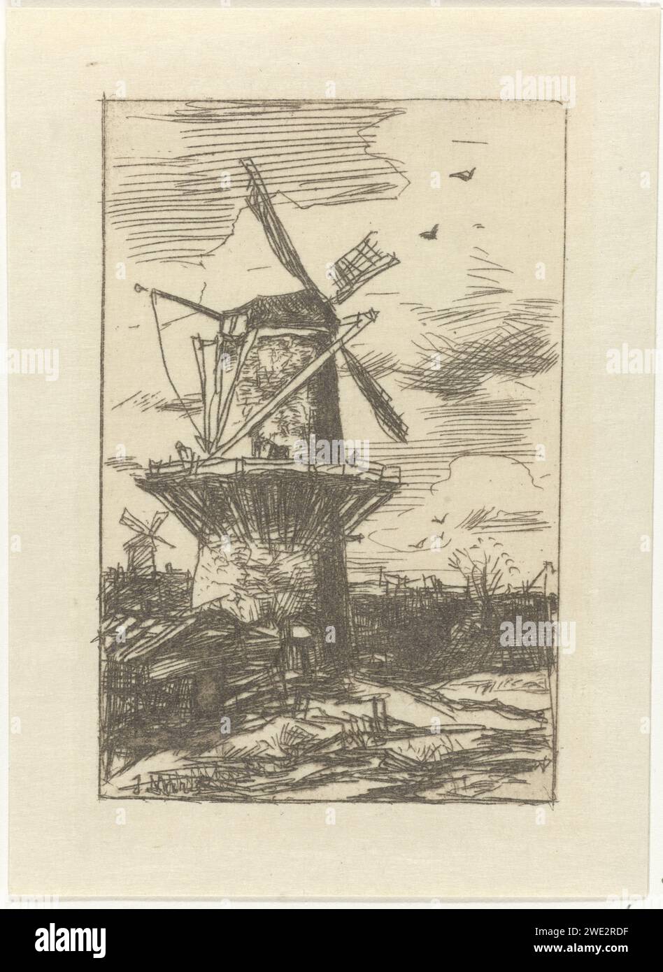 Molen, Jacob Maris, 1847 - 1899 print paper counterproof windmill in ...