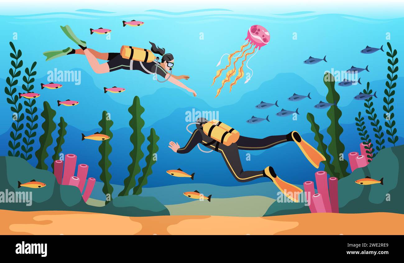 Cartoon divers under water. People with scuba gear and oxygen tanks are ...