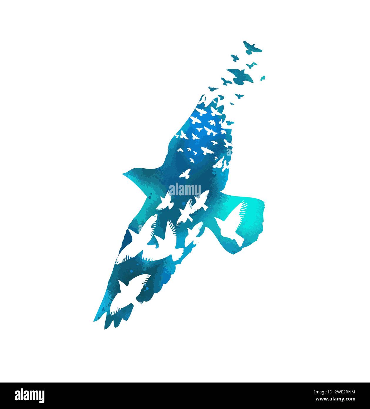 Flying blue birds silhouette flock. hand drawing. Doves of peace ...