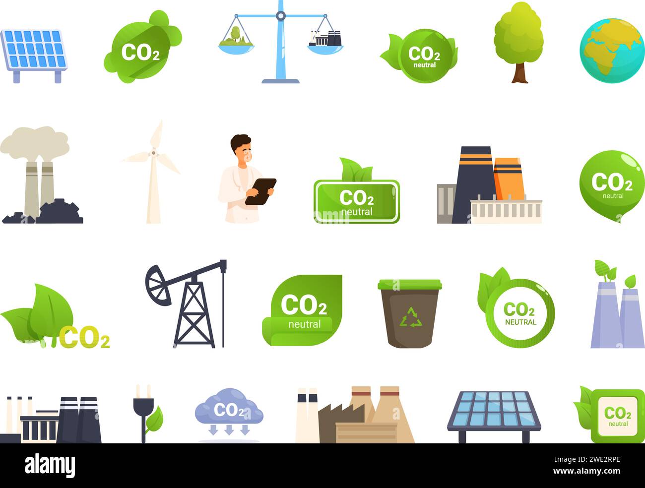 Co2 neutral icons set cartoon vector. Zero emission. Climate eco earth ...