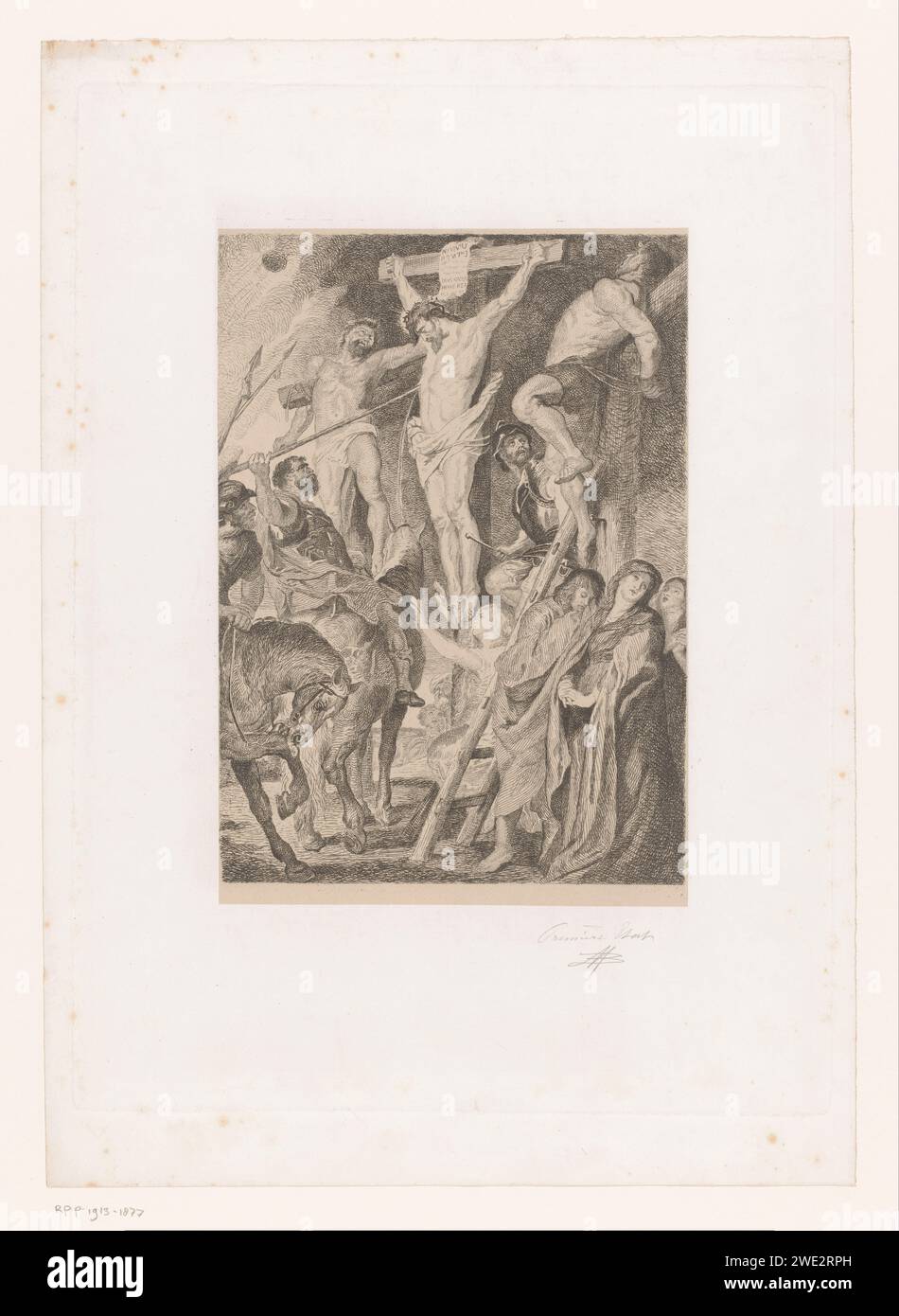 Longinus puts the crucified Christ with a lance, Jean Baptiste Pierre Michiels, after Peter Paul ...