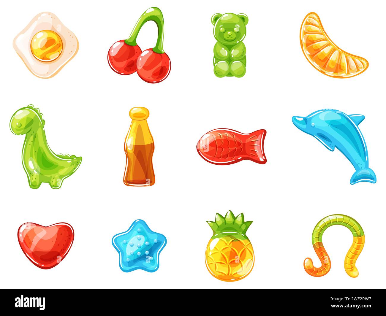 Chewing jelly candies set. Colorful kids sweets, gummy dragon, bear and ...