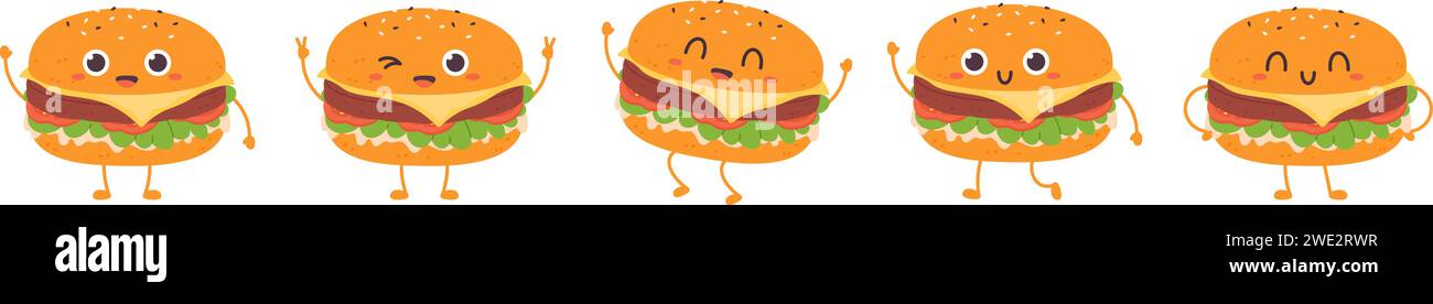 Cute burgers different poses and emotions. Isolated kawaii burger happy ...