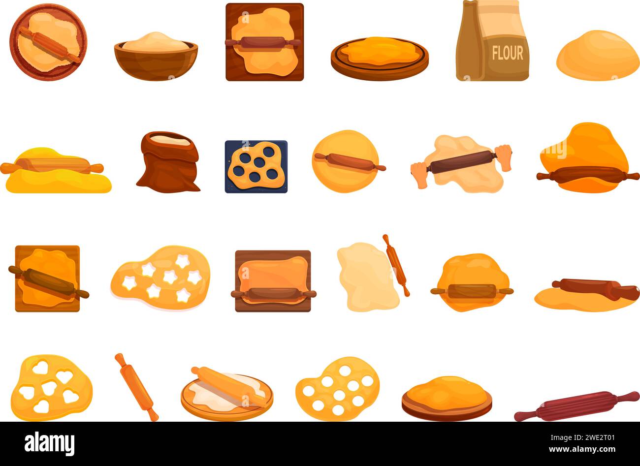 Rolling dough wooden pin icons set cartoon vector. Hand baking. Biscuit cookie Stock Vector ...