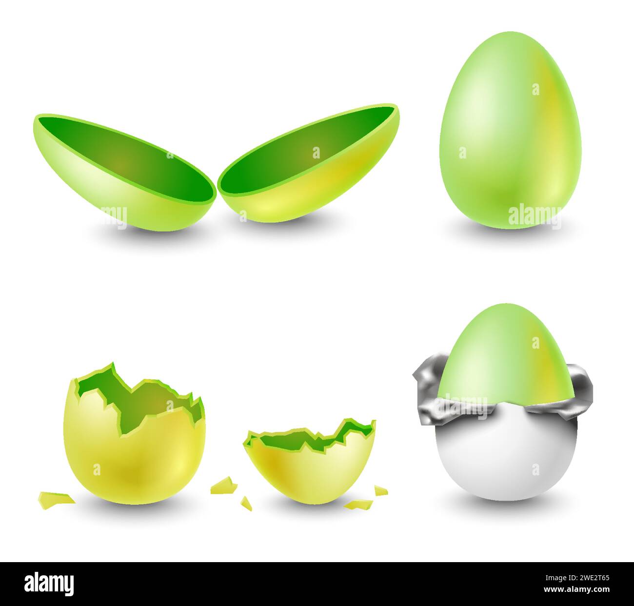 Opened and closed, wrapped and cracked golden egg isolated set Stock ...