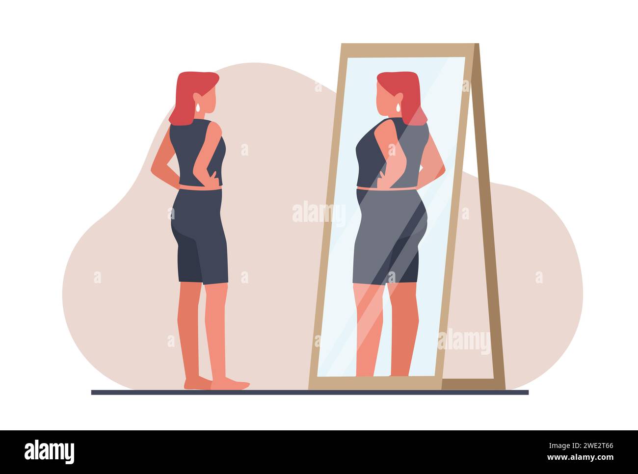 Slender girl looks in mirror and sees fat woman. Self-esteem ...
