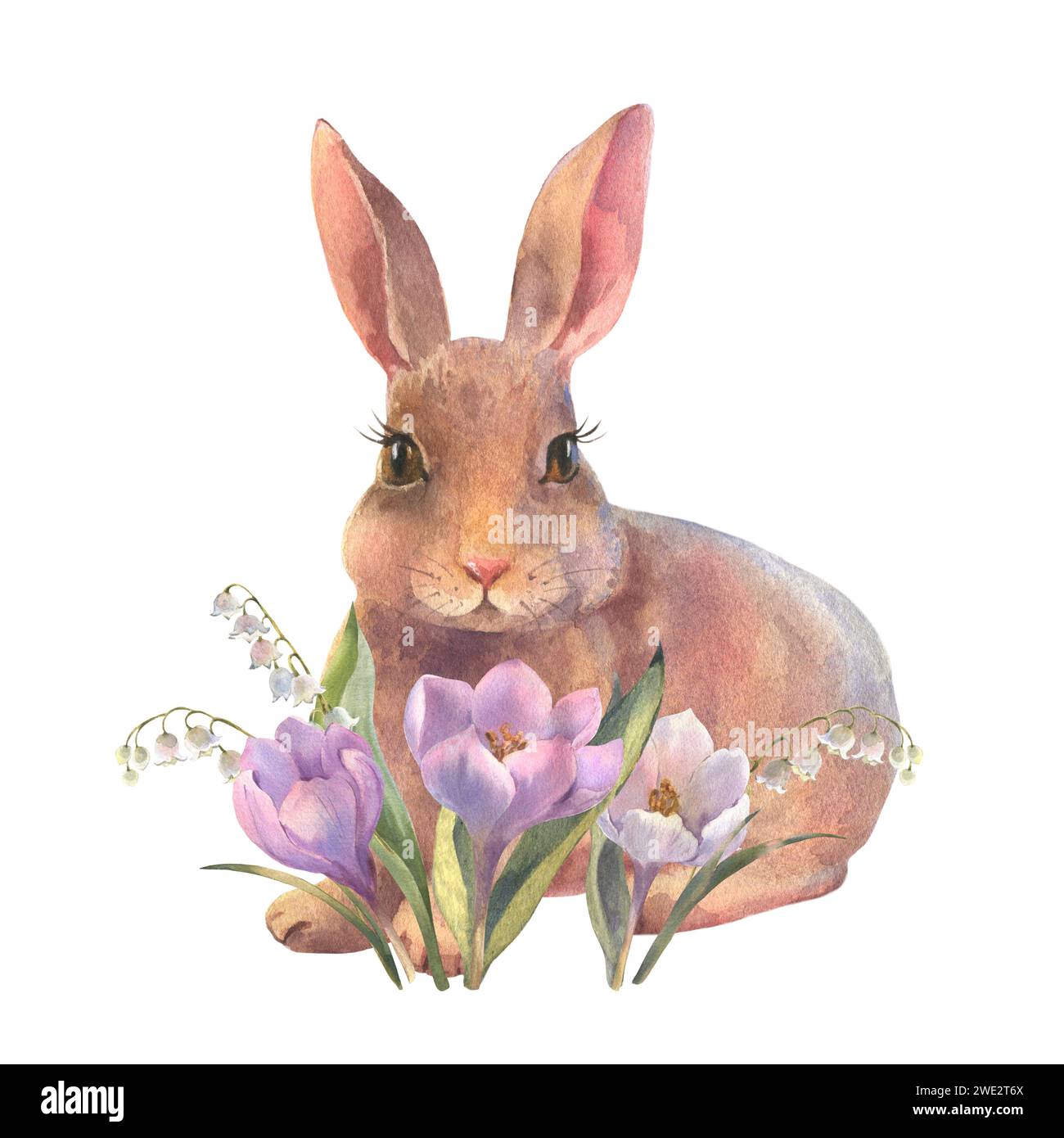 Easter bunny watercolor baby rabbit with spring flowers in pastel ...
