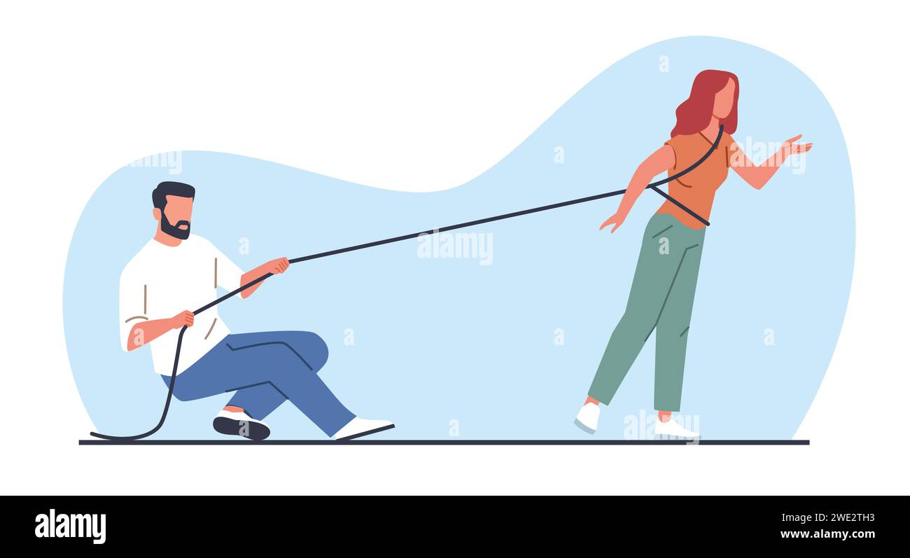 Man uses rope to restrain woman. Male controlling female. Constraint ...