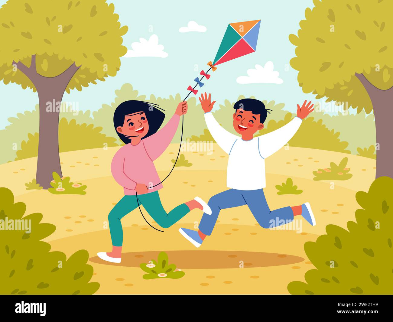 Kids games. Friends fly kite in park. Outdoor fun. Children playing in ...