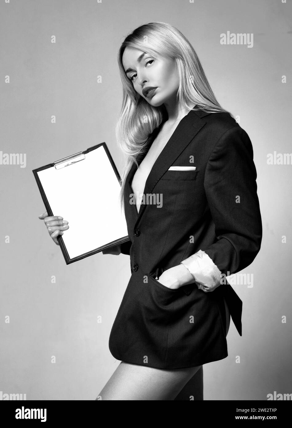 Fashionable businesswoman with notepad. Business presentation concept ...