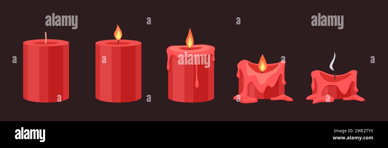 Burning cartoon candle. Wax candles burn step by step. Different stages ...