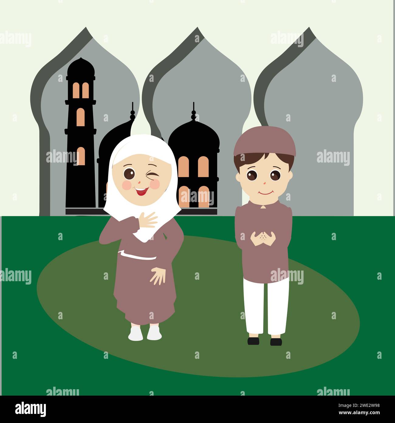 Happy ramadan kareem with kids character illustration. Moslem boy and ...