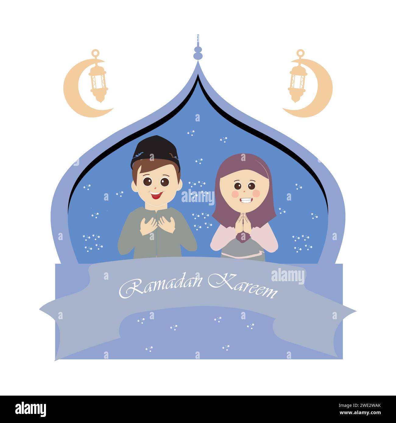 Happy ramadan kareem with kids character illustration. Moslem boy and ...